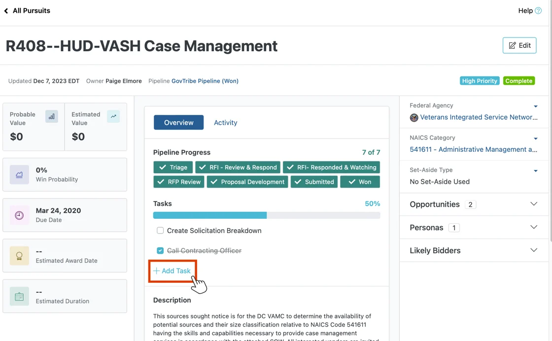 Manage Tasks Within a Pursuit